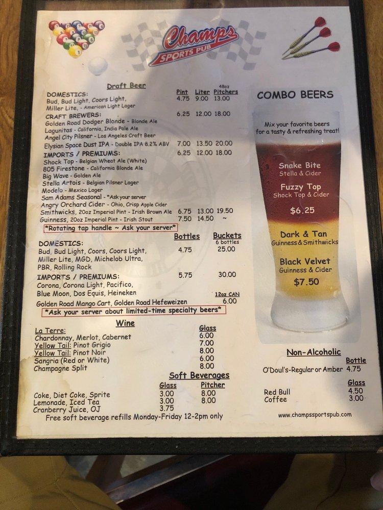 Menu at Champs Sports Pub, Burbank
