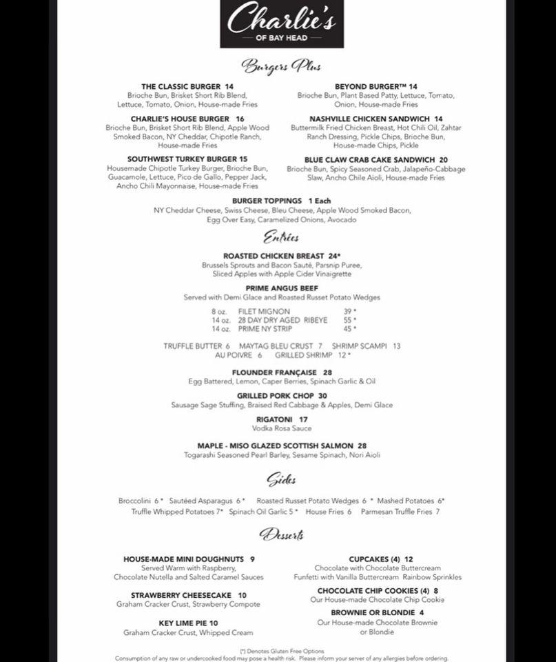 Menu at Charlies of Bay Head pub & bar, Bay Head
