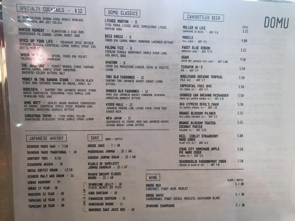 Menu at DOMU pub & bar, Orlando, 3201 Corrine Dr Suite 100