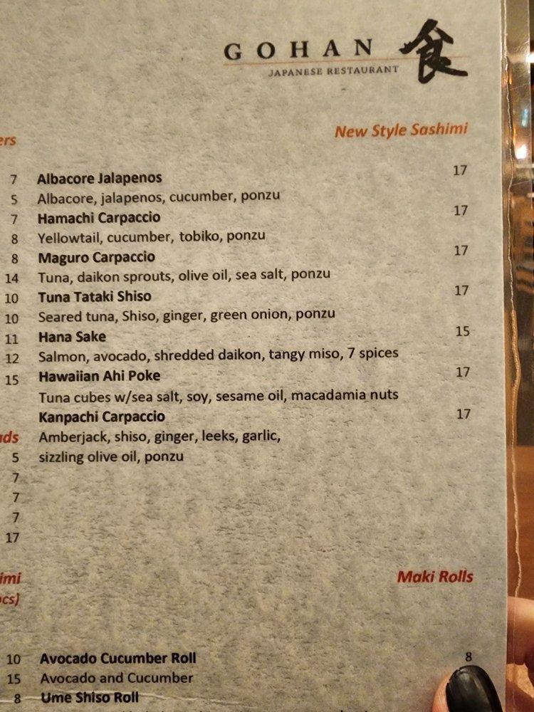 Menu at Gohan restaurant, Petaluma