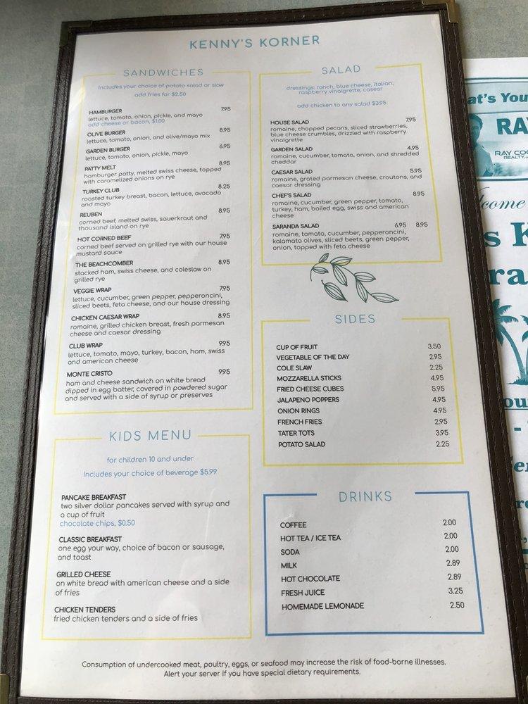 Menu at Kenny's Korner Restaurant, Redington Shores