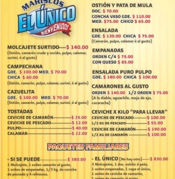 Menu at Mariscos el unico restaurant, Tepic, Las banderas