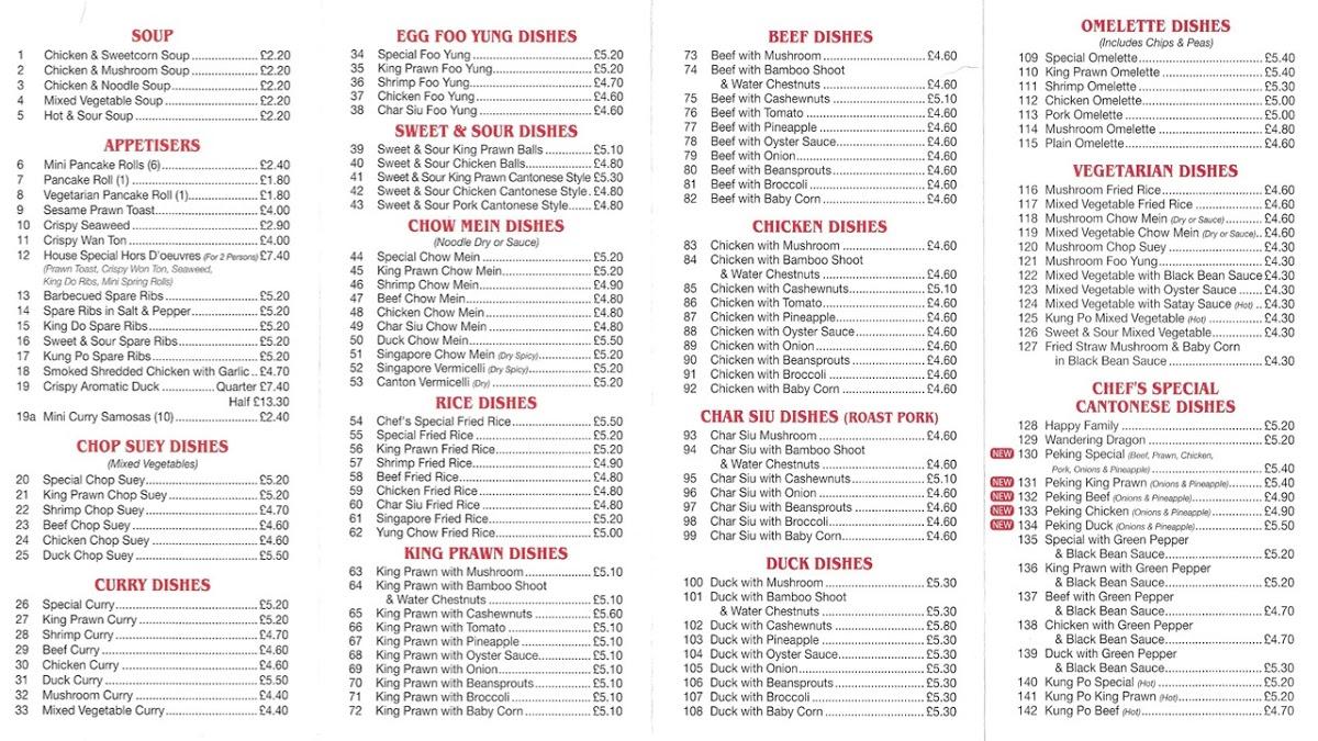 Menu at Ocean City restaurant, North Wingfield