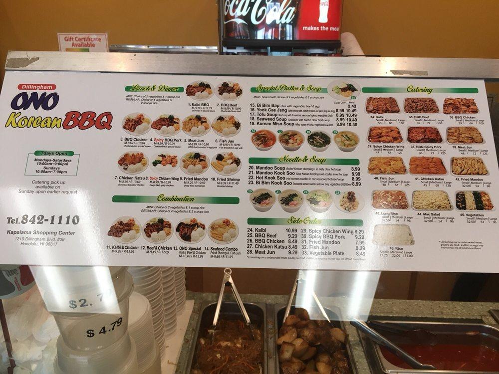 Menu at Ono Korean BBQ, Honolulu