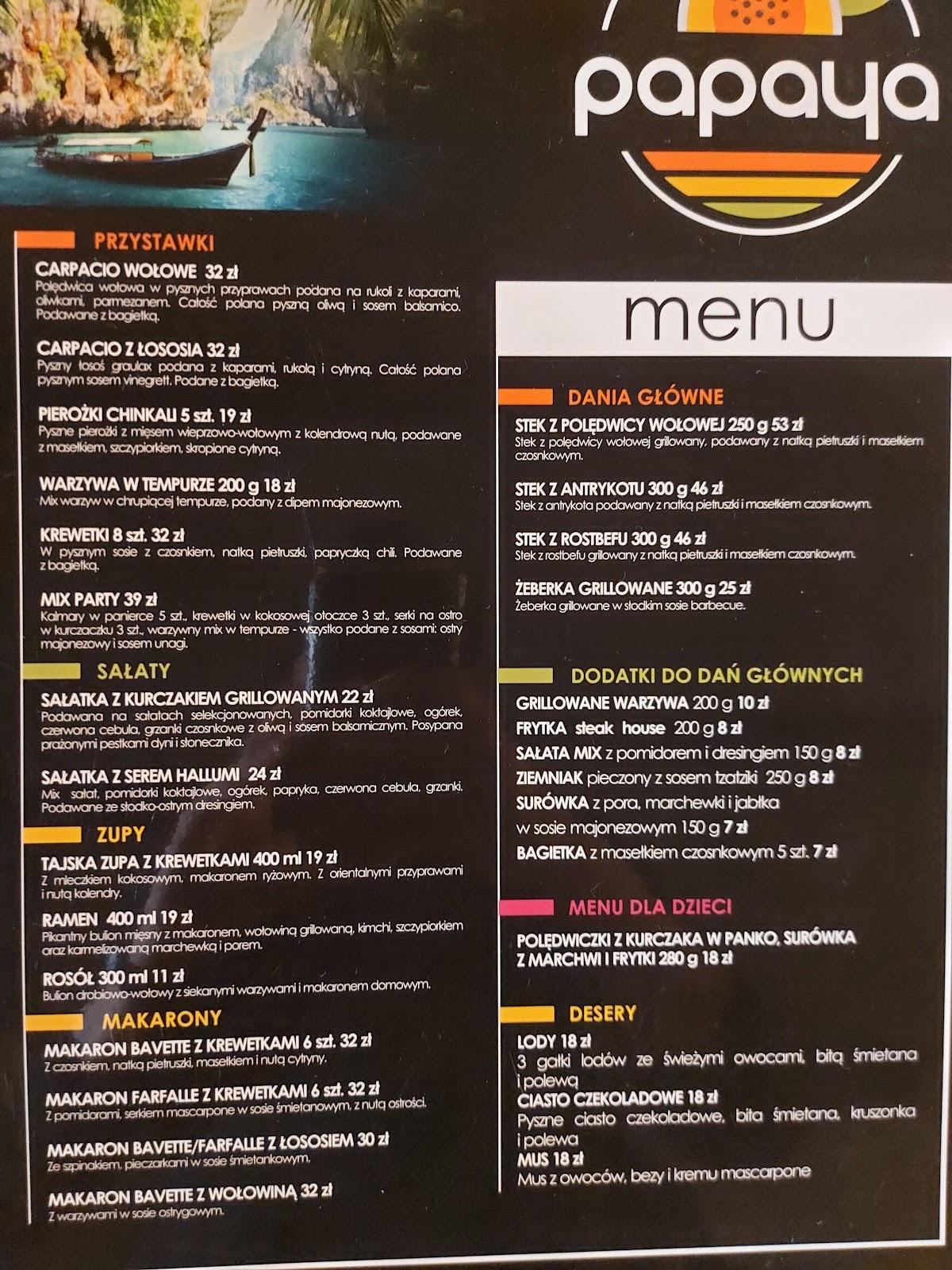 Menu at Papaya restaurant, Andrespol