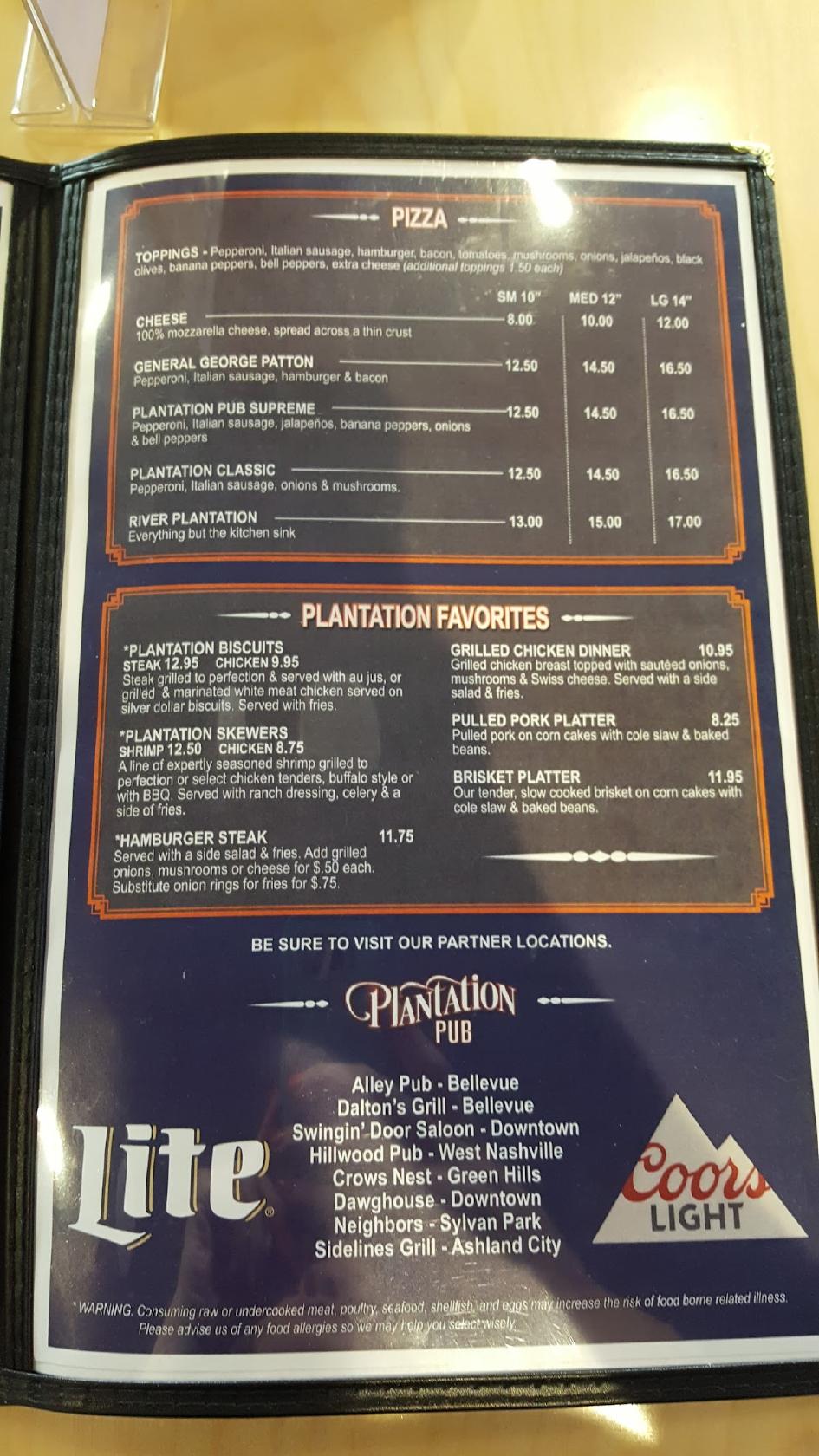 Menu at Plantation Pub, Nashville