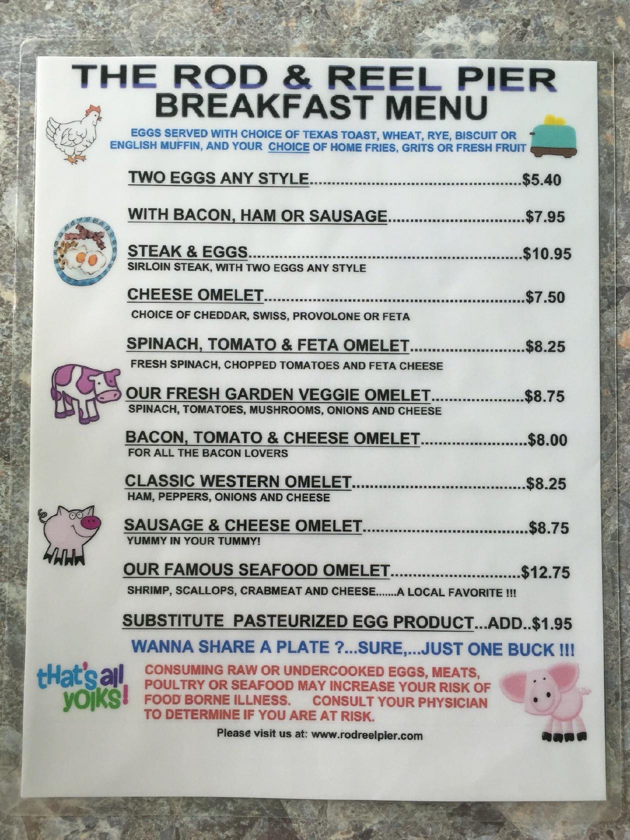 Menu at Rod and Reel Pier restaurant, Anna Maria