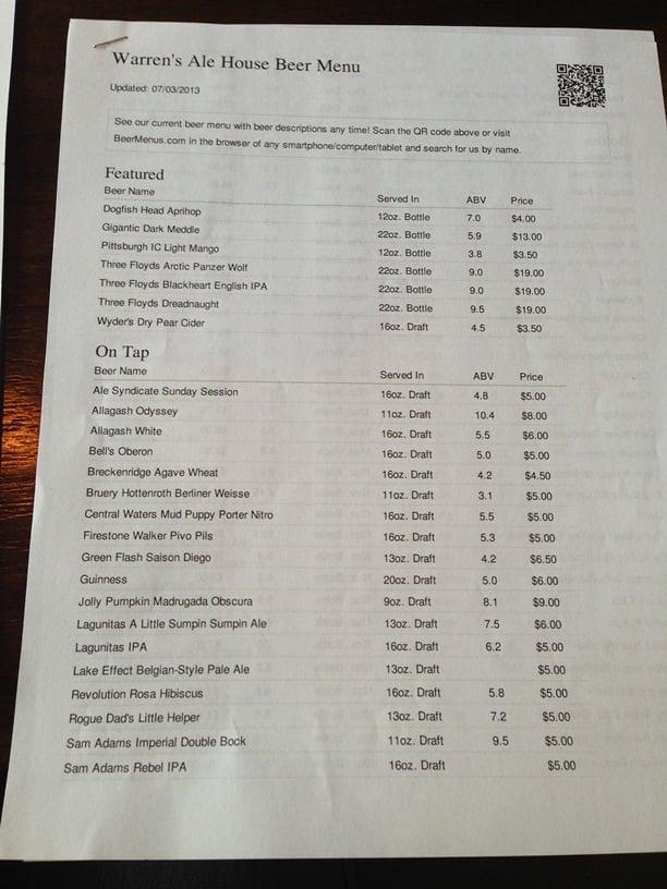 Menu at Warrens Ale House pub & bar, Wheaton
