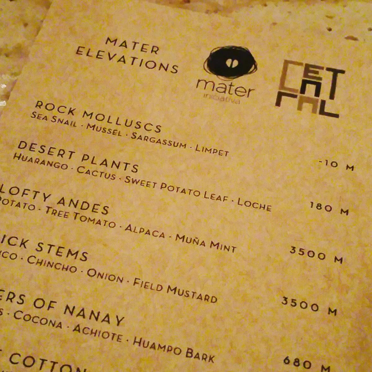 Menu at Central restaurant, Barranco District