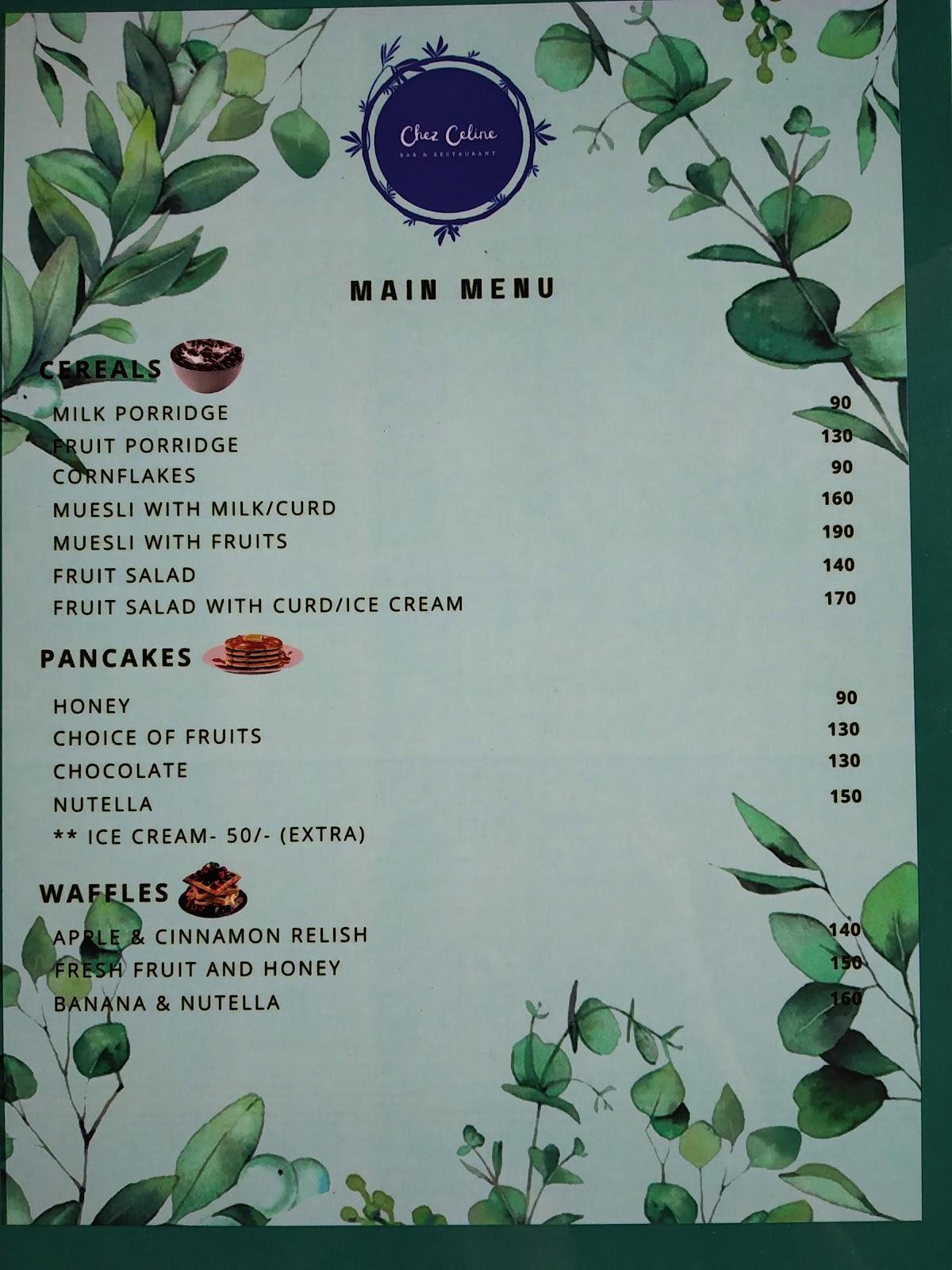 Menu at Chez Celine, Morjim