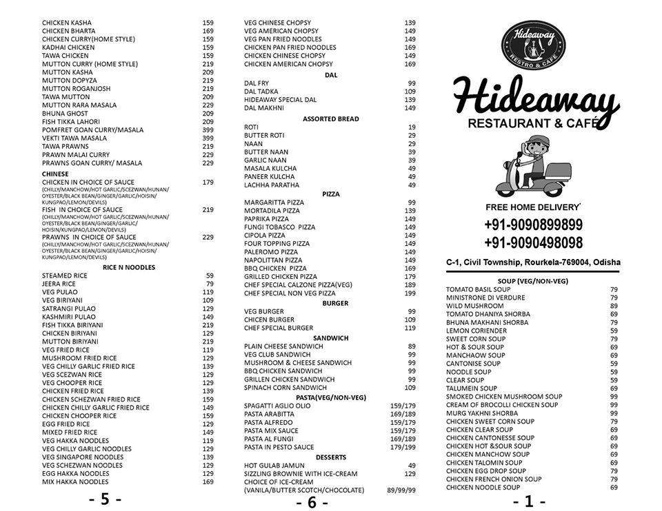 Menu at Hideaway Restaurant & Cafe,Rourkela, Rourkela