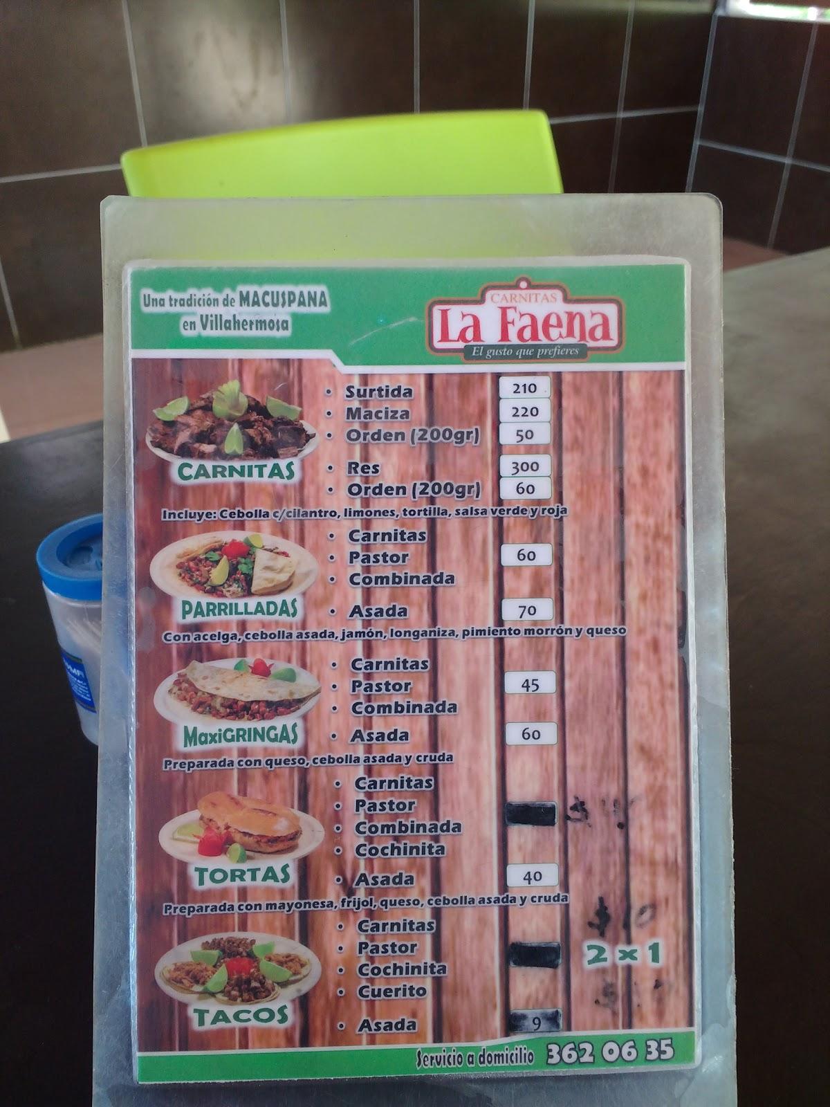 Carta del restaurante La Faena, Ciudad Pemex