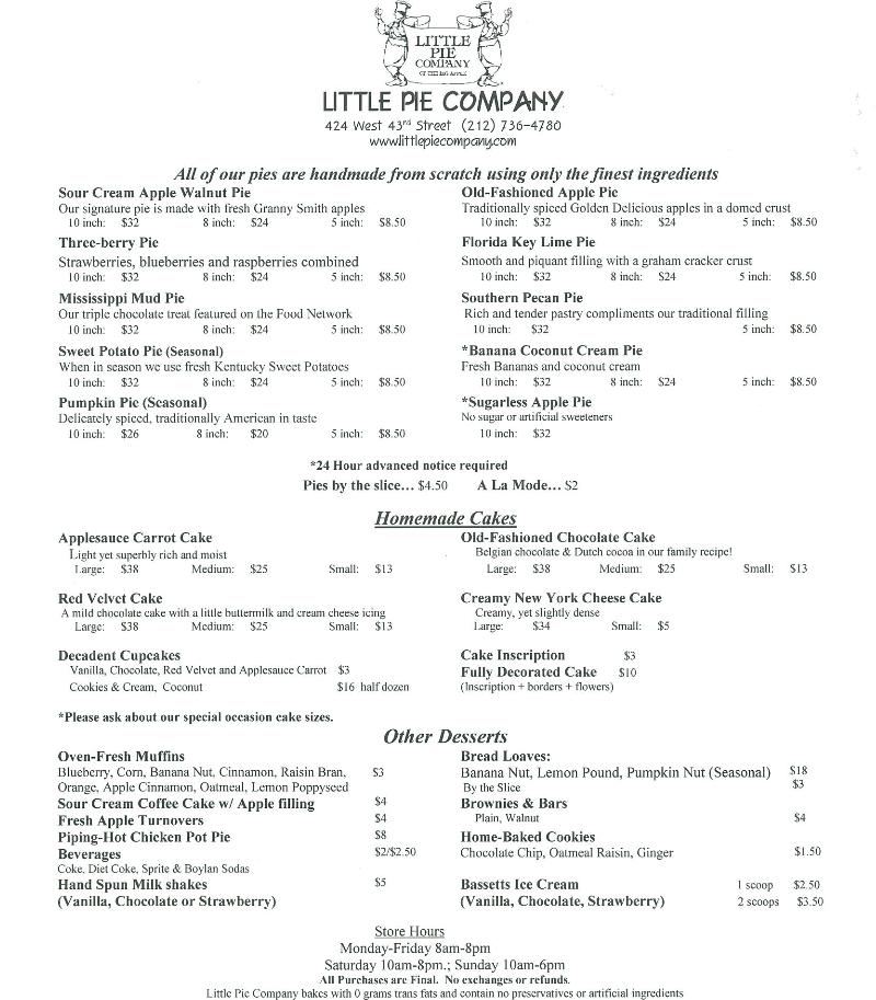 Menu at Little Pie Company desserts, West New York, 424 W 43rd St