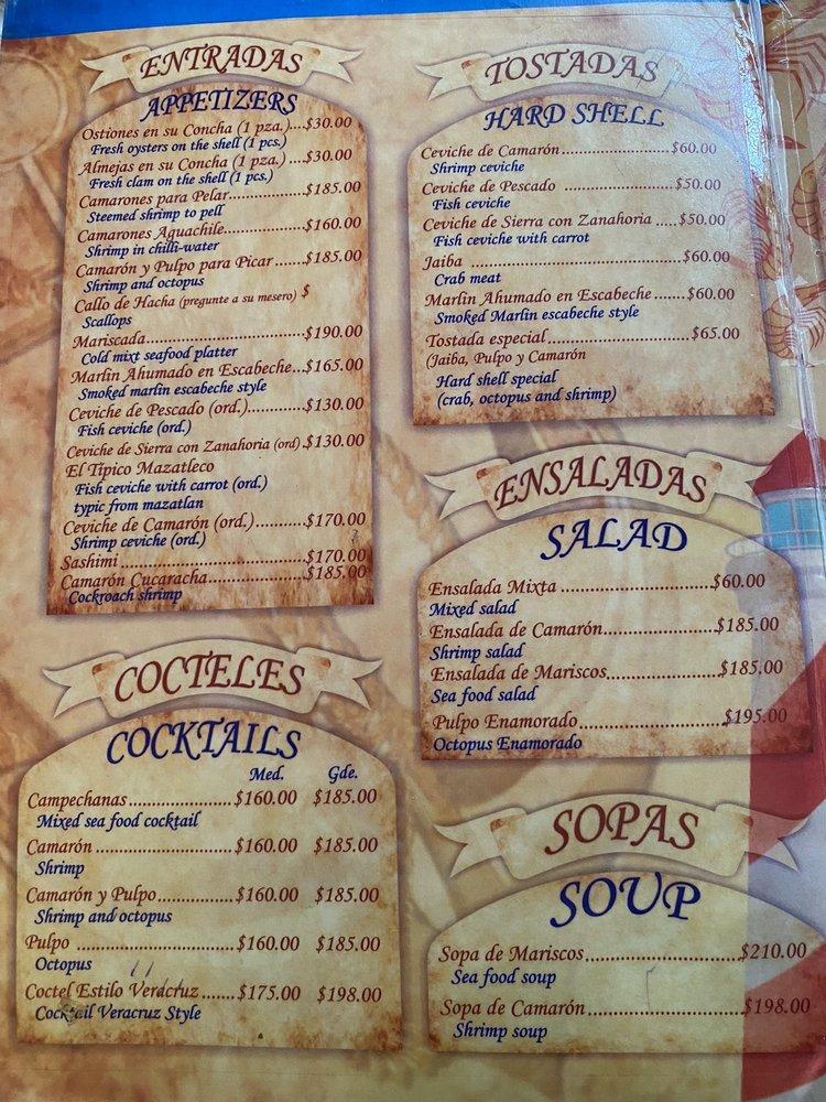 Menu at Mariscos Las Tres Islas restaurant, Cabo San Lucas, Revolución ...