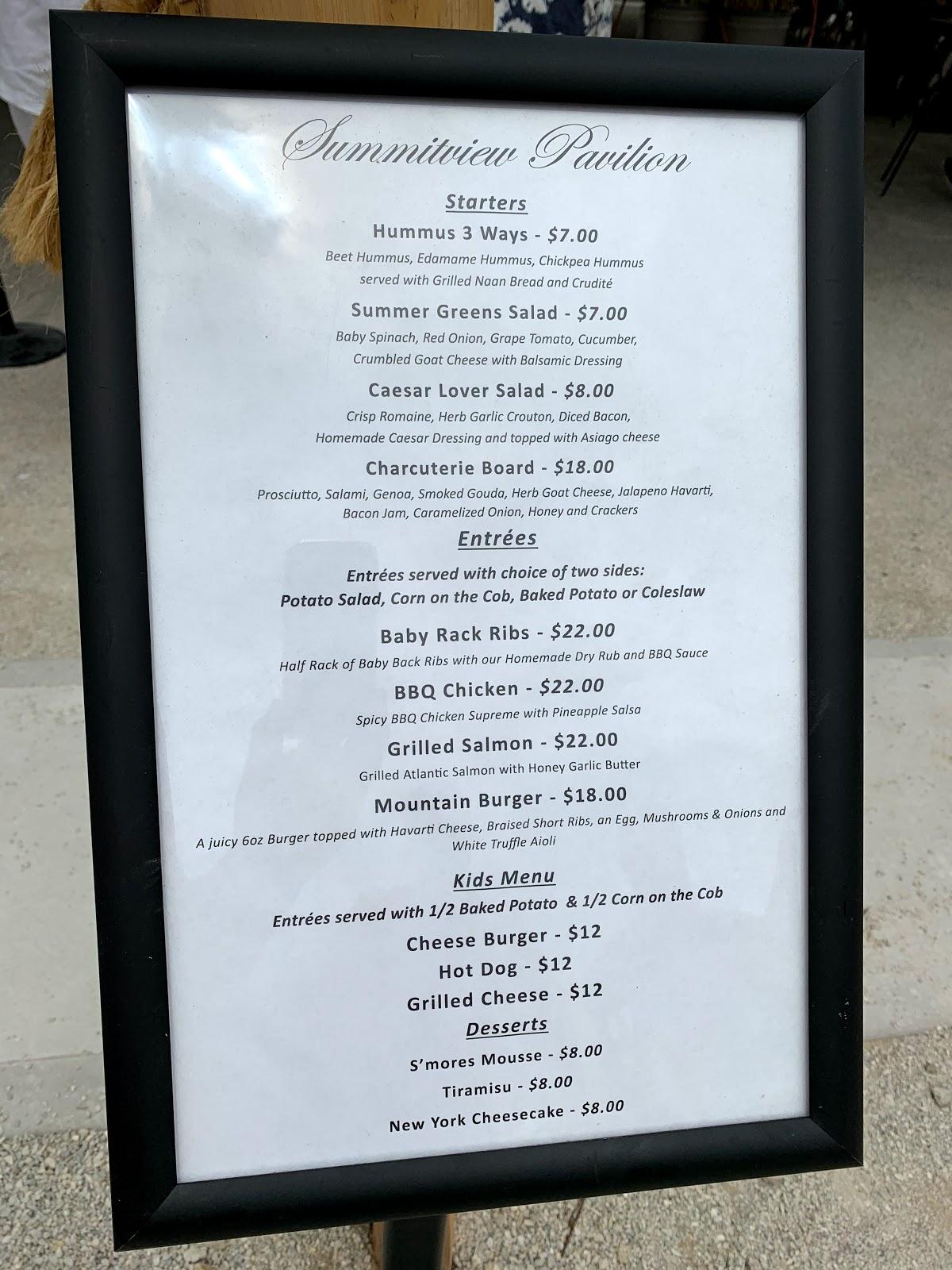 Menu at Summitview Pavilion restaurant, The Blue Mountains