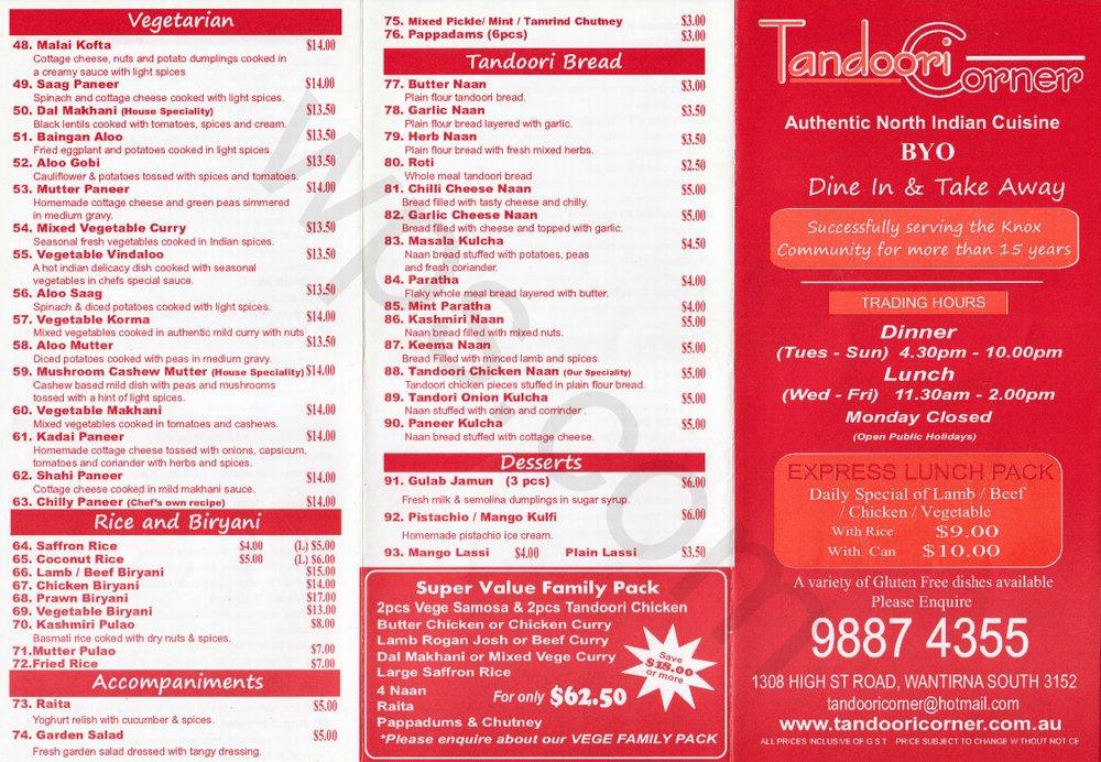 Menu at Tandoori Corner restaurant, Wantirna South