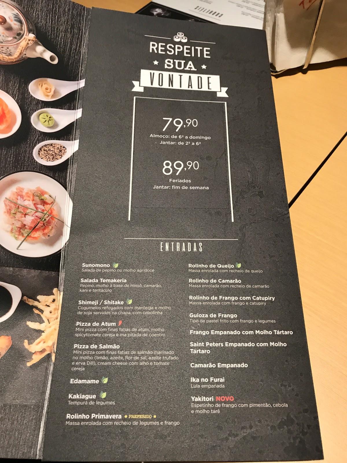 Menu at Temakeria restaurant, Rio de Janeiro, R. Joana Angélica