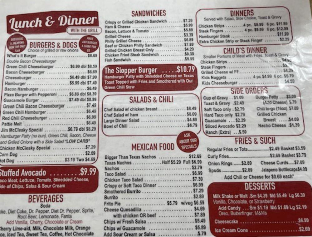 Menu at The Grill restaurant, Dalhart