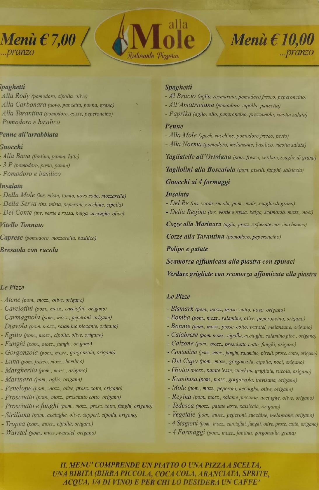 Menu at Alla Mole restaurant, Turin