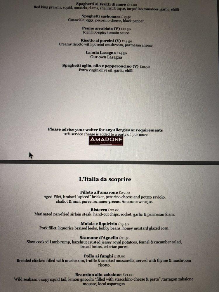 Menu at Amarone Restaurant, Bath