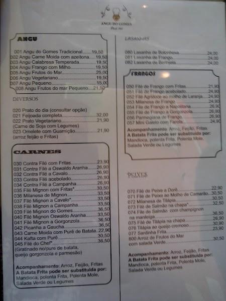 Menu em Angu do Gomes restaurante, Rio de Janeiro, R. Sacadura Cabral
