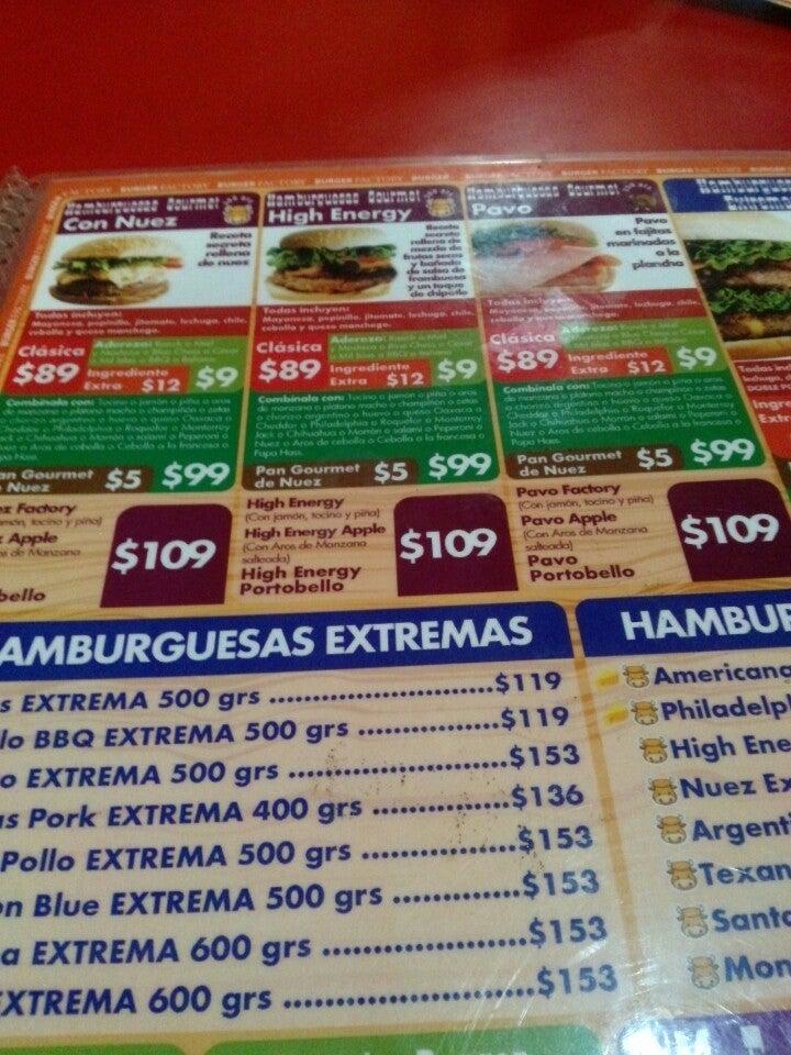 Carta del restaurante Burger Factory, Ciudad del México, Gómez Farias 203