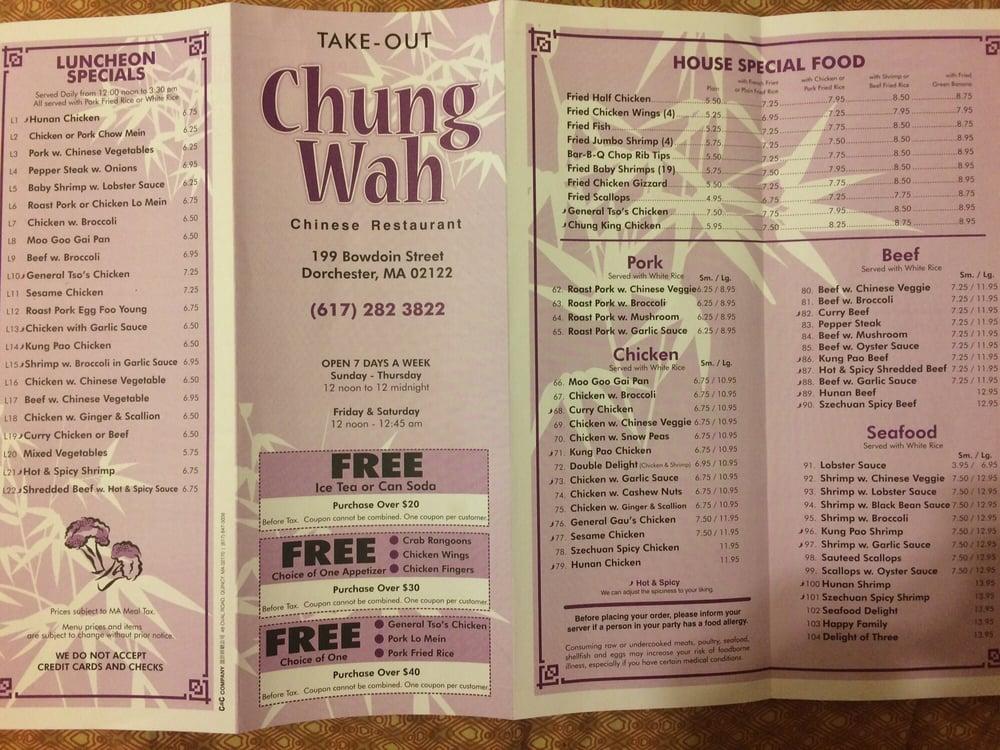 Menu at Chung Wah restaurant, Boston, 199 Bowdoin St