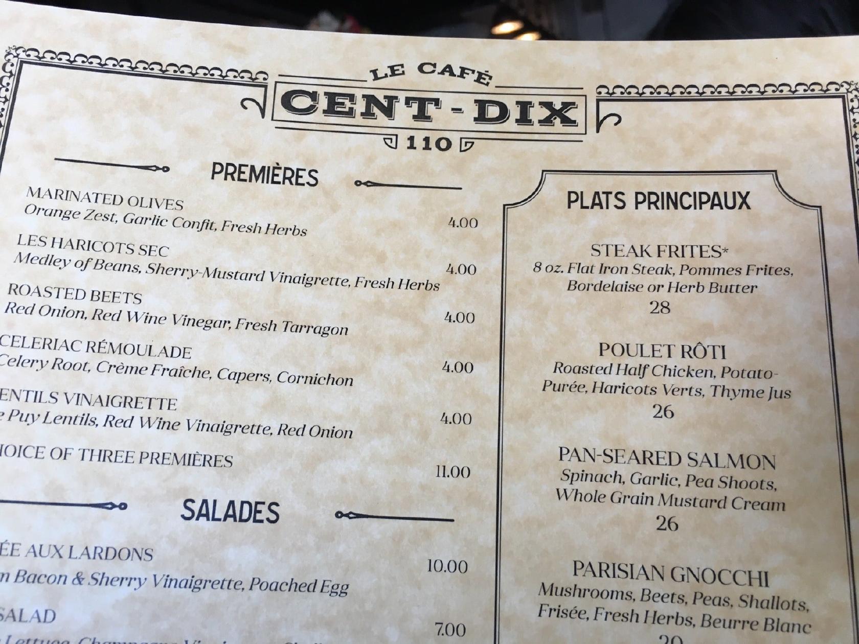 Menu at Le Café Cent-Dix restaurant, Ithaca