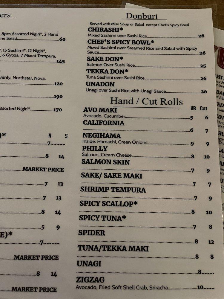 Menu at Sushi Kuma restaurant, Monterey