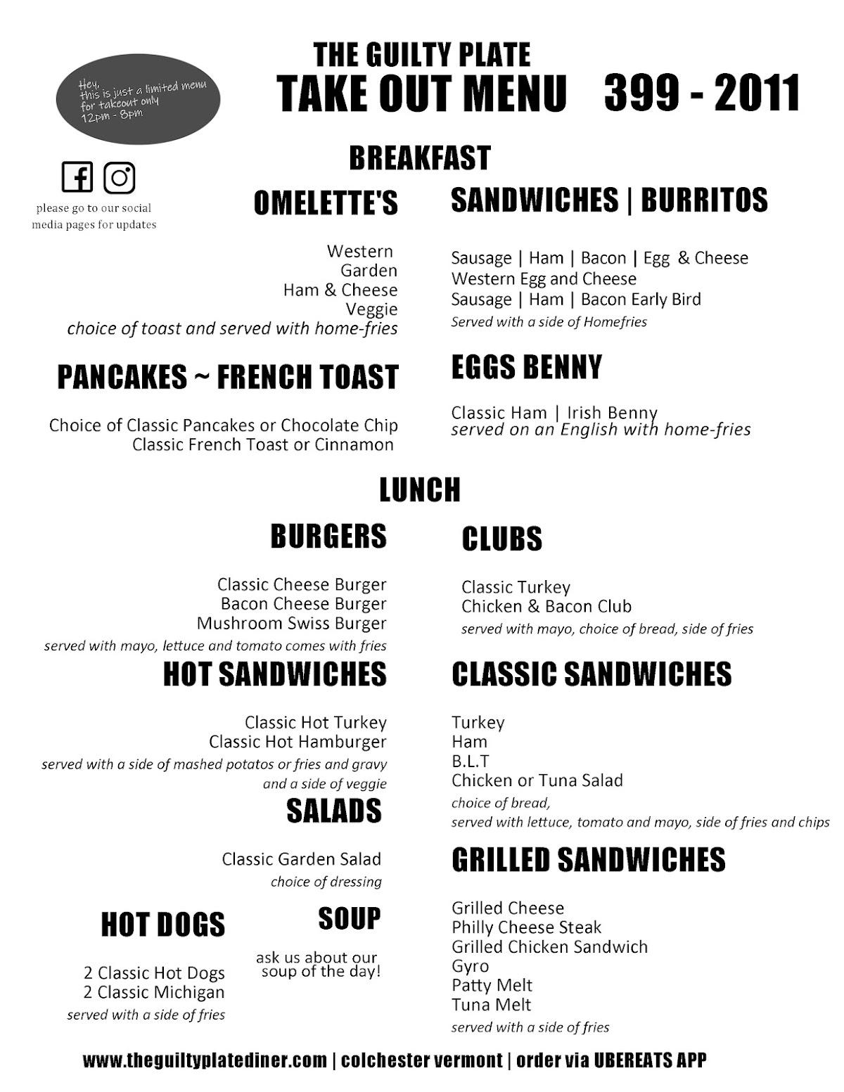 Menu at The Guilty Plate Diner restaurant, Colchester