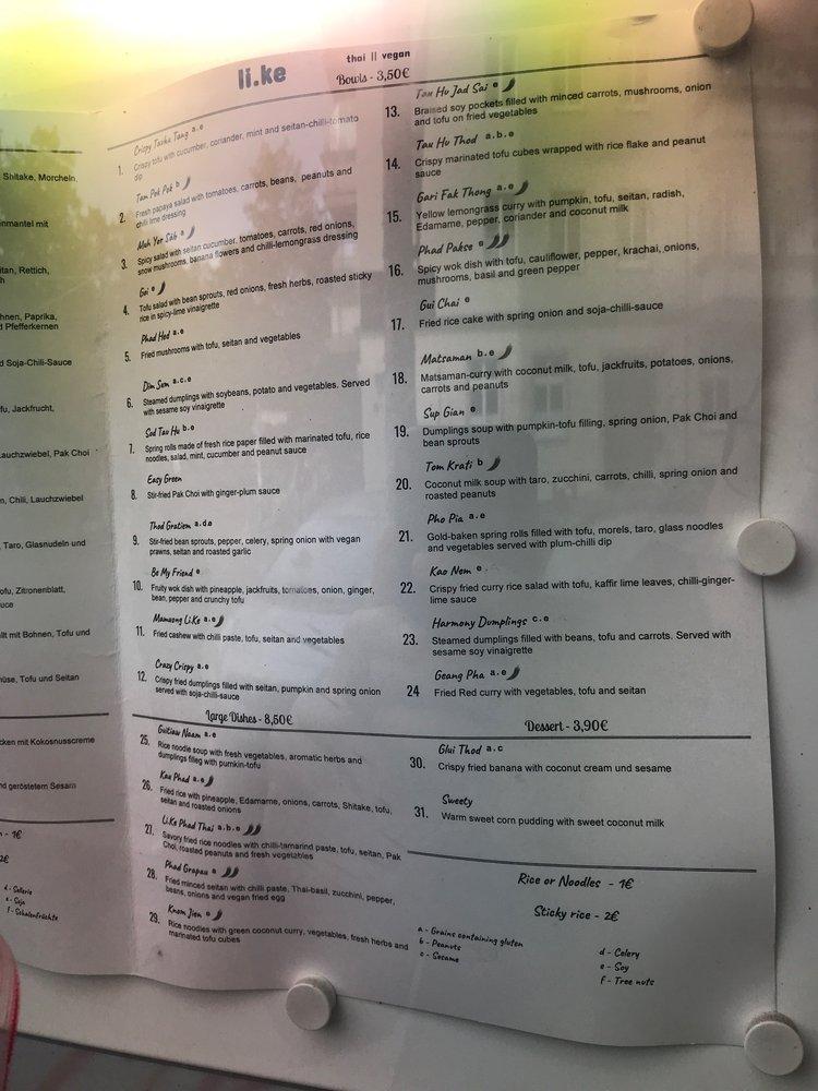 Menu at li.ke : seriousthaivegan restaurant, Berlin