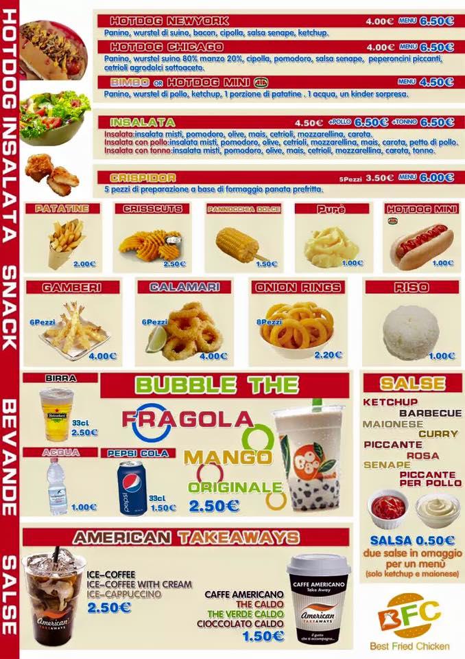Menu at BFC restaurant, Padua