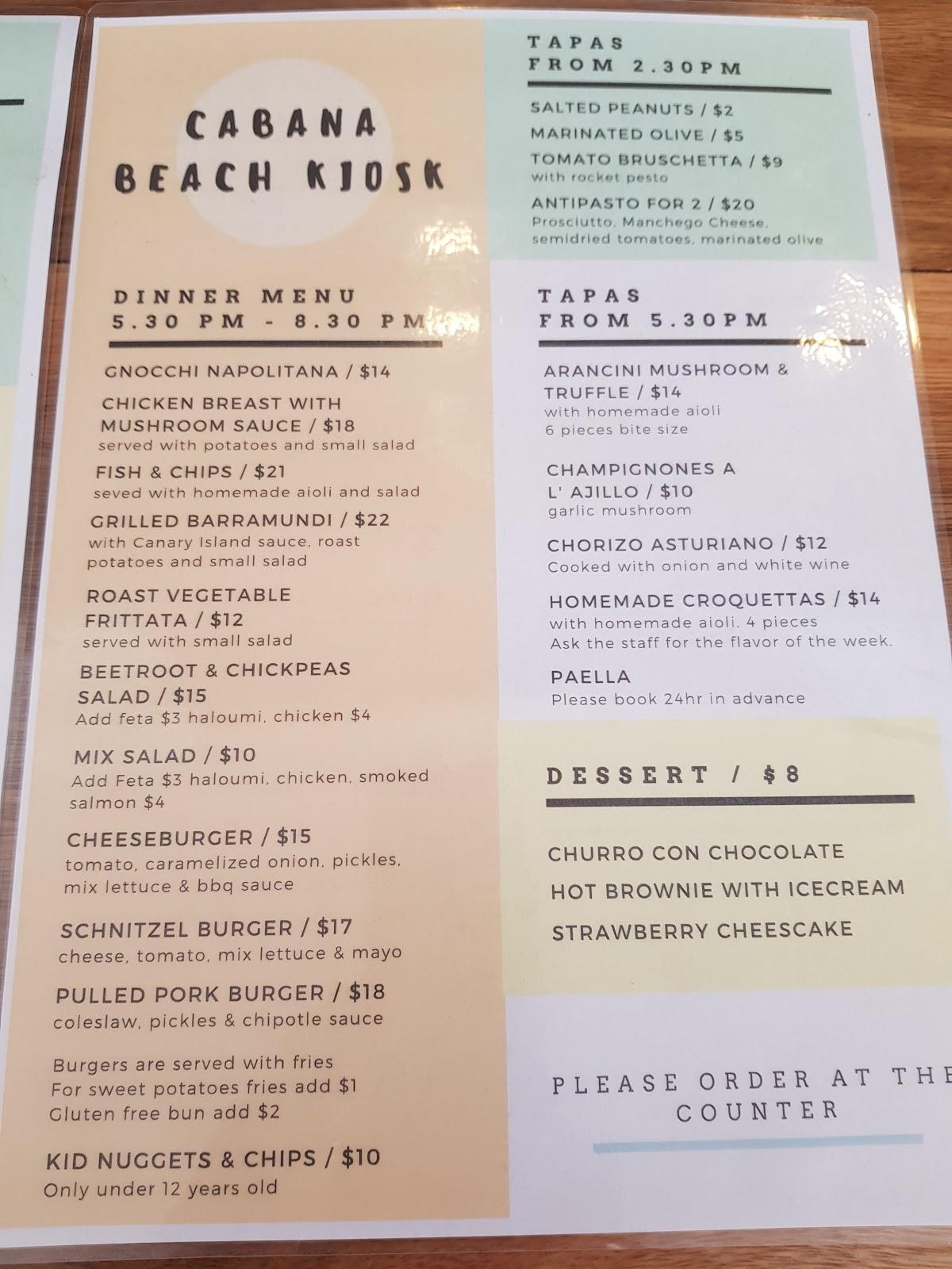 Menu at Cabana Beach Kiosk cafe, Narrabeen
