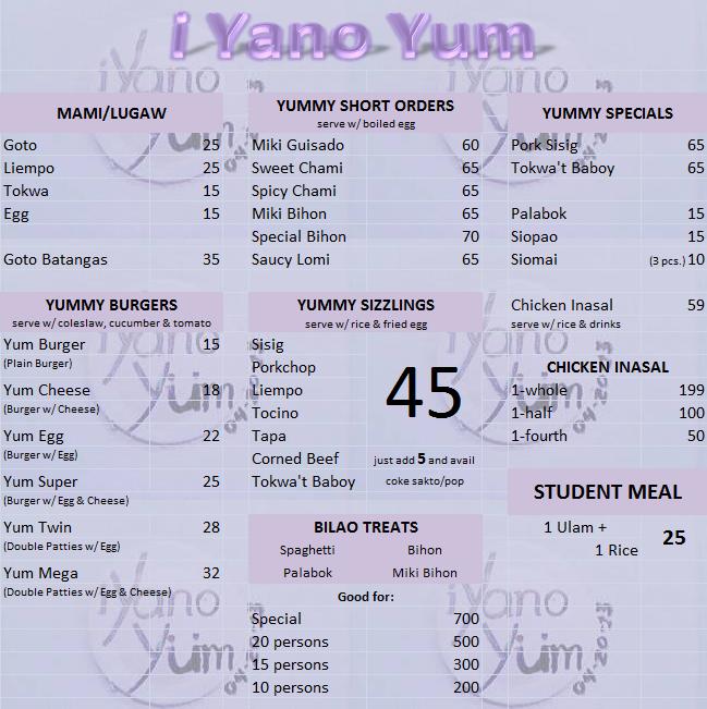 Menu at I Yano Yum restaurant, Atimonan