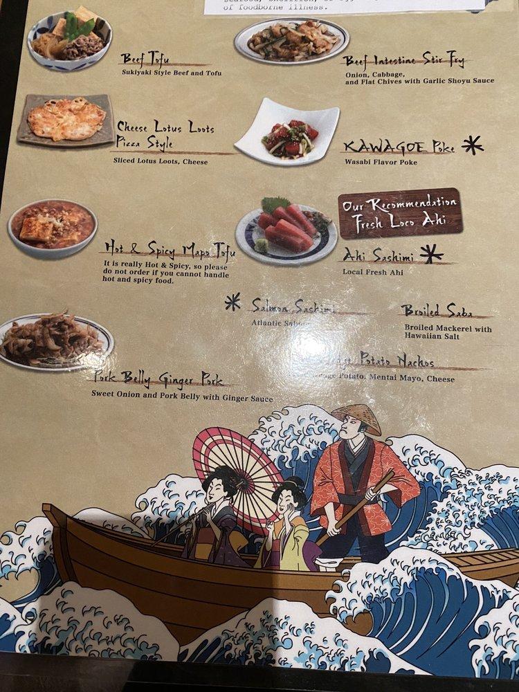 Menu at Izakaya Kawagoe restaurant, Honolulu
