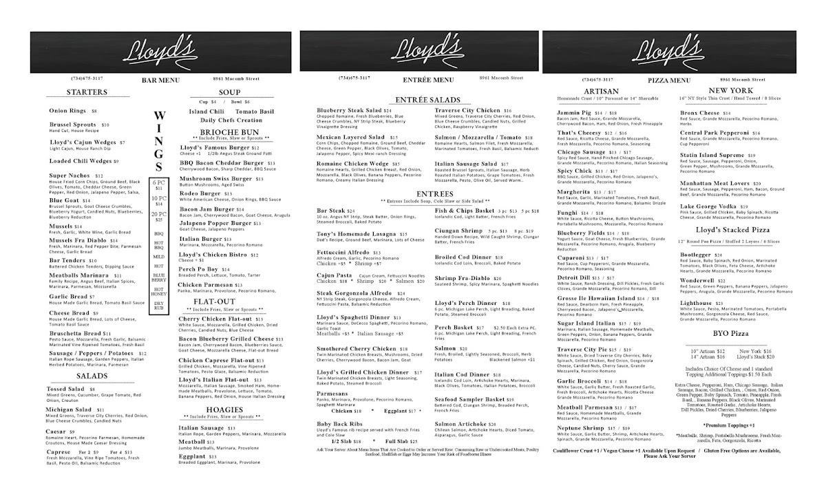 Menu at Lloyd's Bar & Grill, Grosse Ile Township, Macomb St
