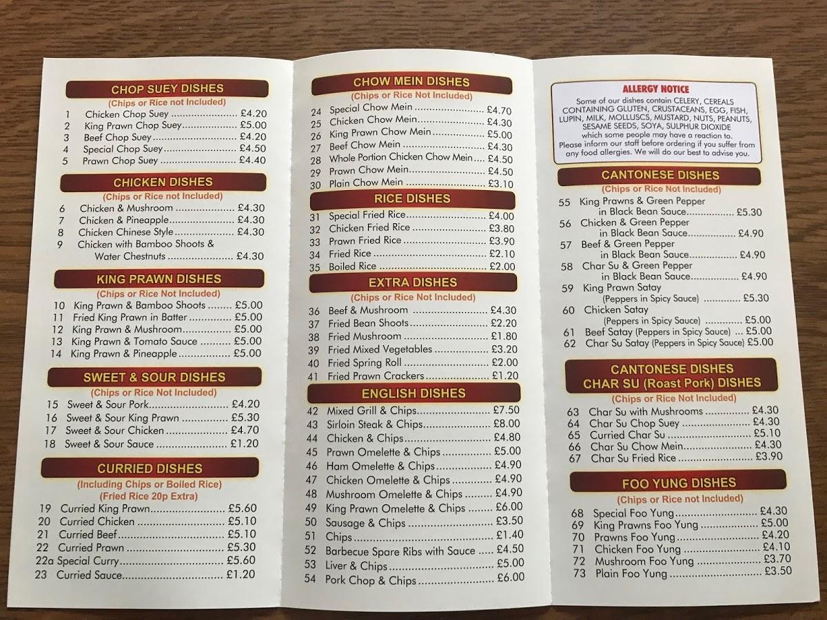 Menu at Ming Wah fast food, Rotherham, 67 Meadowhall Rd