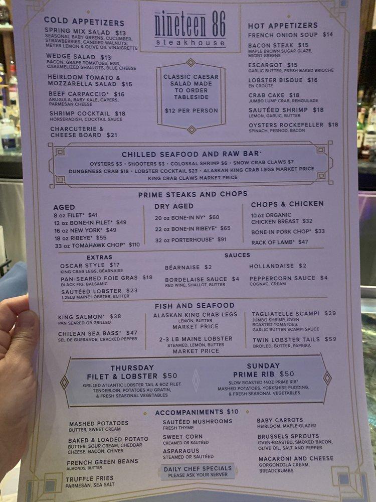 Menu at Nineteen 86 Steakhouse, Glendale