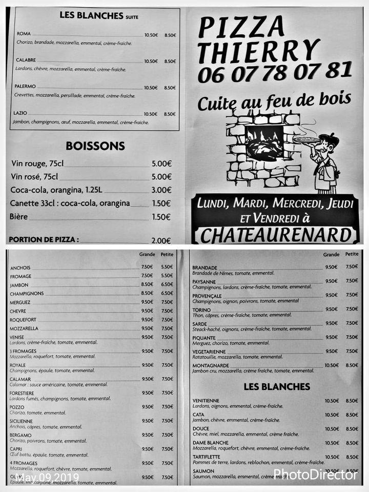 Carta de pizzería Pizza Thierry, Châteaurenard