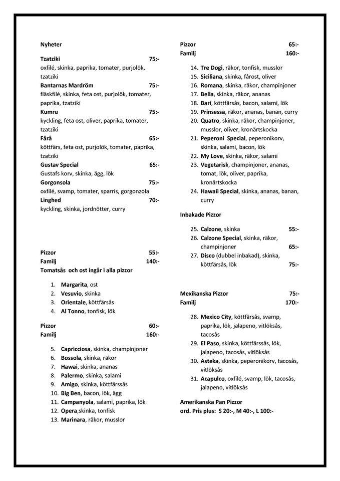Menu at Plankan restaurant, Svärdsjö