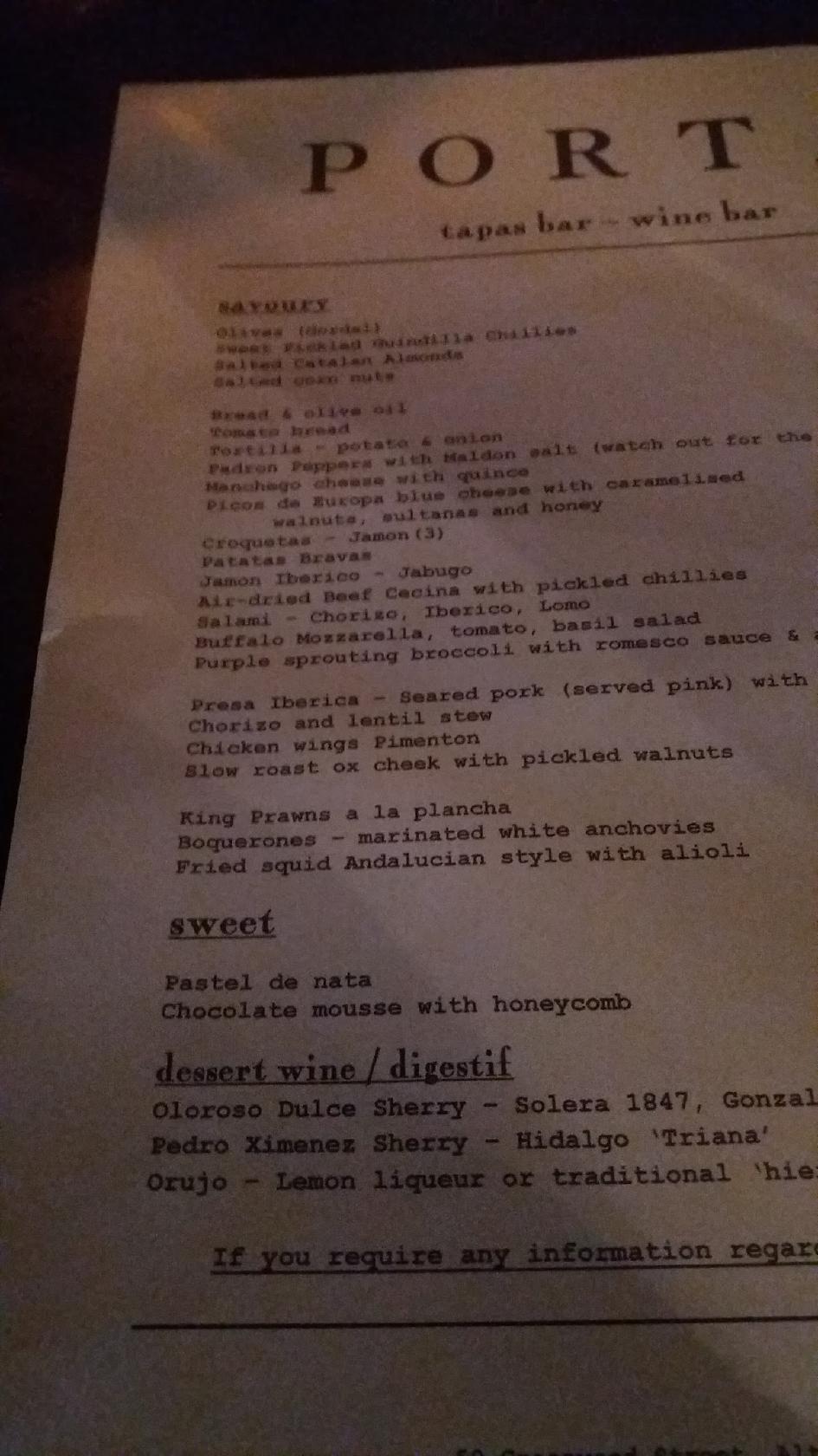 Menu at Porta Tapas Bar, Altrincham, 50 Greenwood St