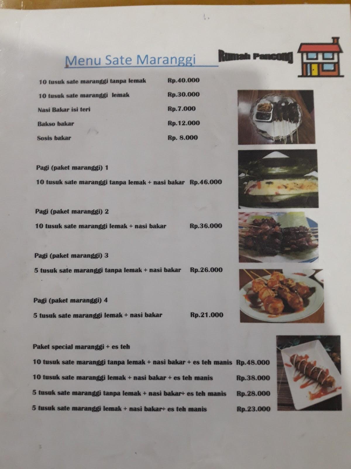 Menu at Rumah Pancong restaurant, Central Jakarta