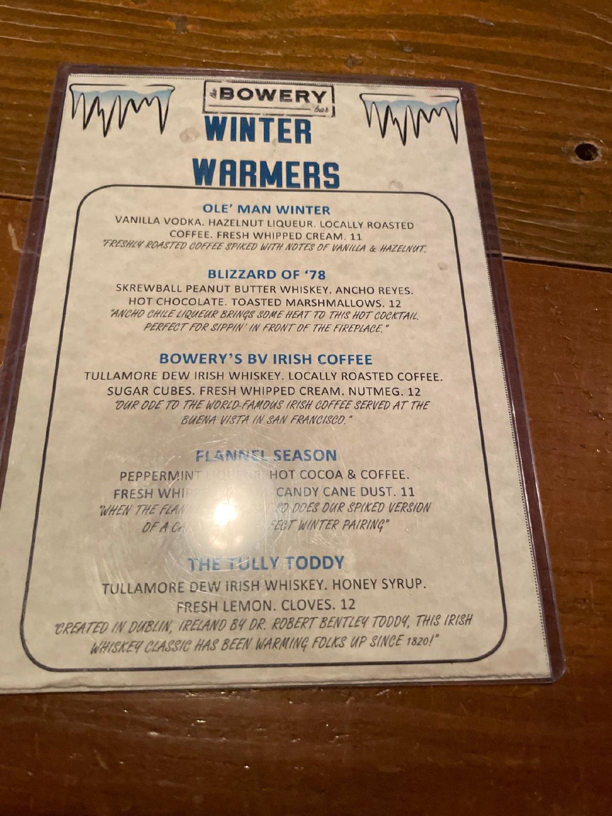 Menu at The Bowery Bar, Boston