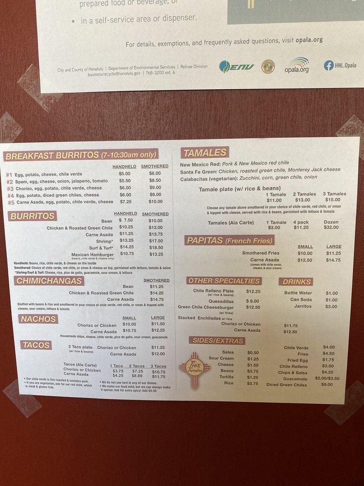 Menu at Tio's Tamales restaurant, Honolulu