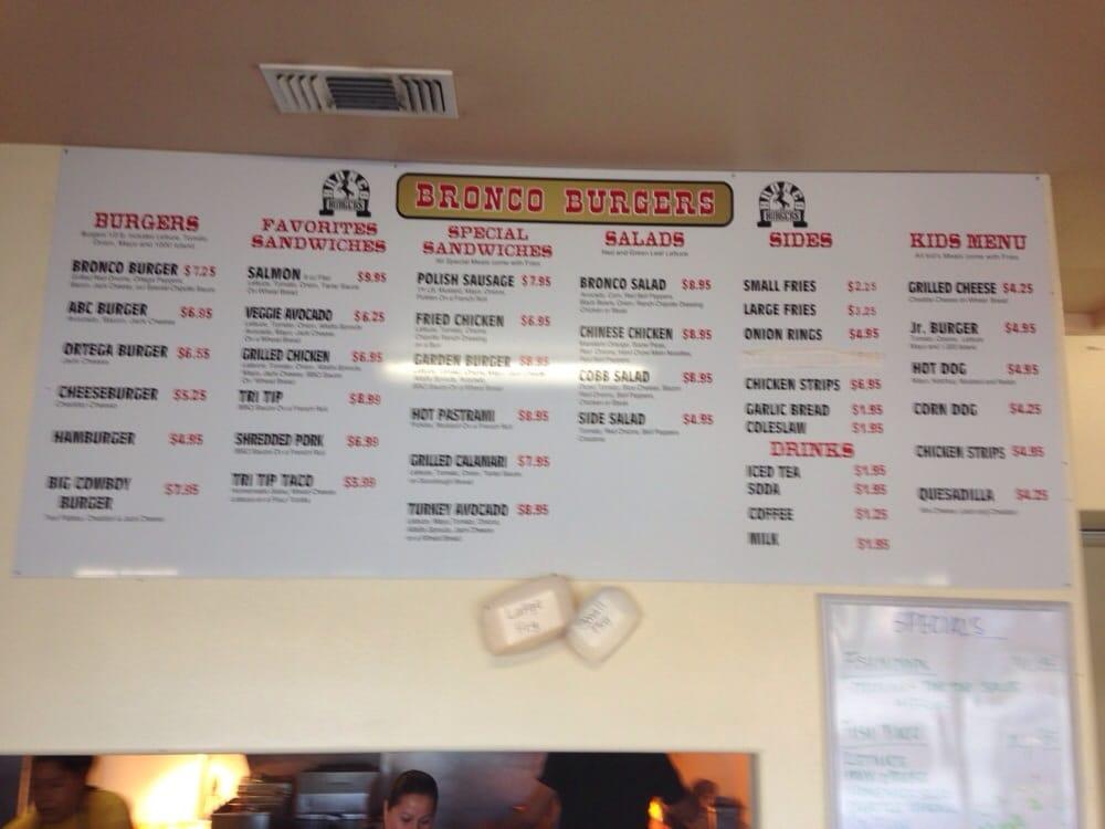 Menu at Bronco Burger restaurant, Paso Robles