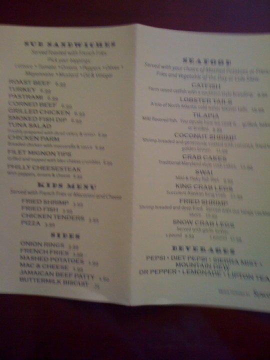 Menu at Calabash restaurant, DeLand