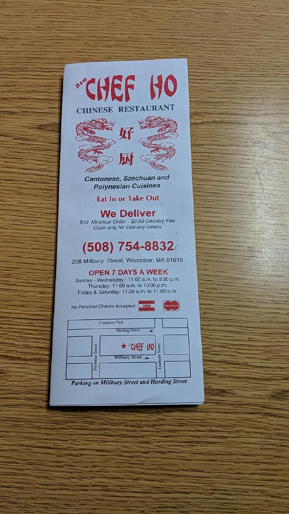 Menu at Chef Ho restaurant, Worcester
