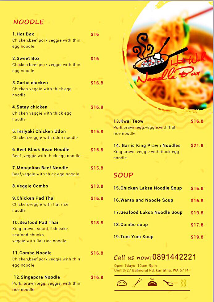 Menu at Hot Wok Noodle Bar, Karratha