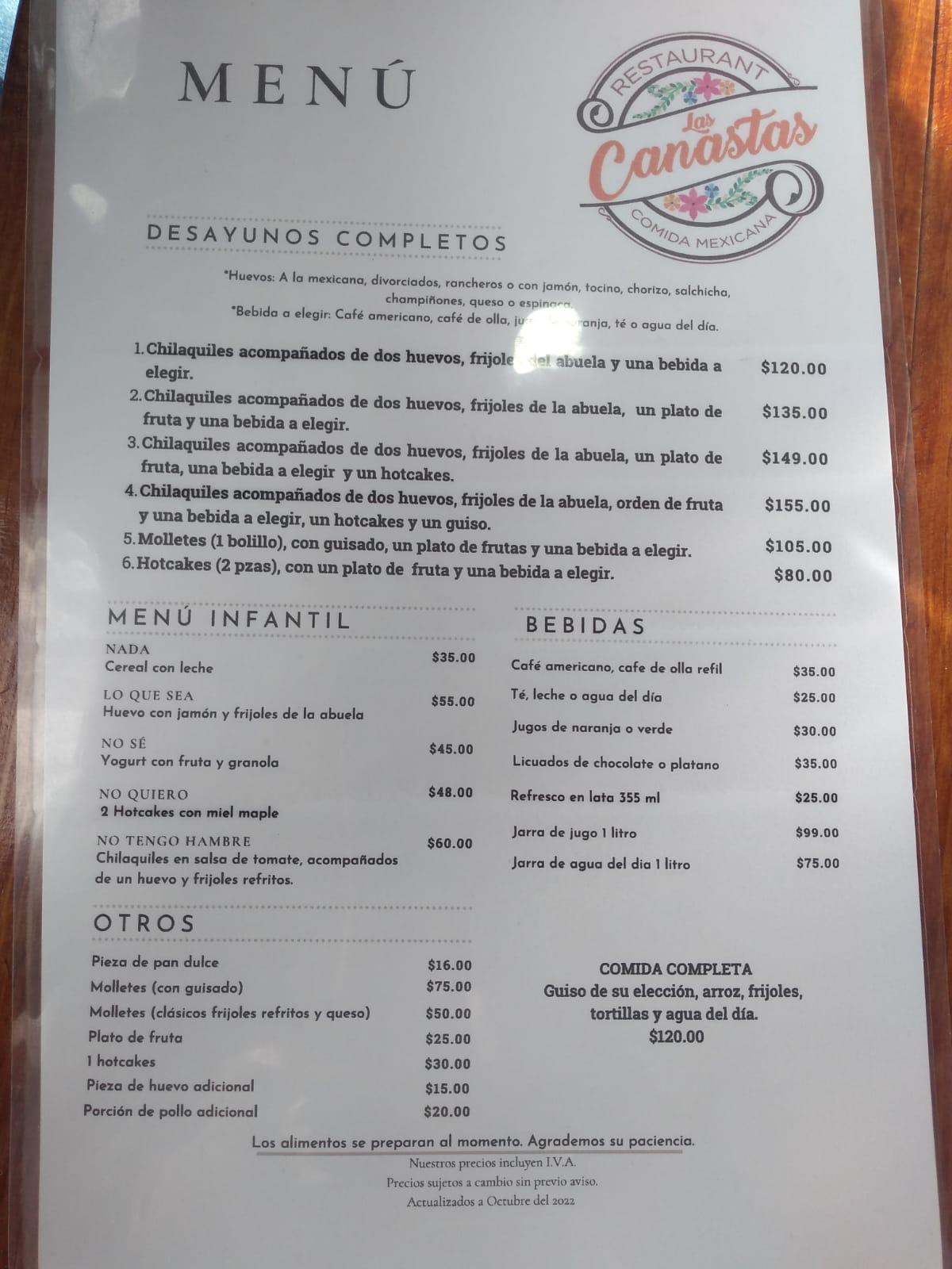 Carta del restaurante Las Canastas, Guadalupe