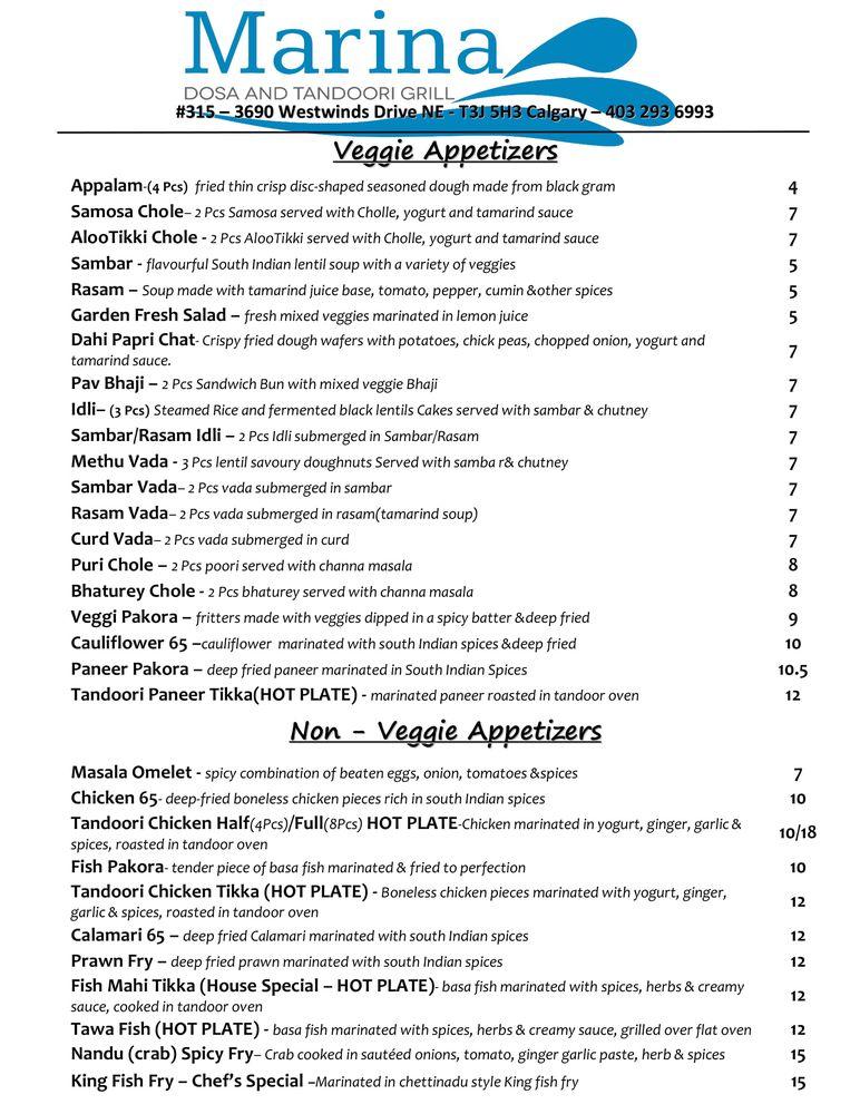 Menu au MARINA KULCHA & DOSA & WRAPS restaurant, Calgary